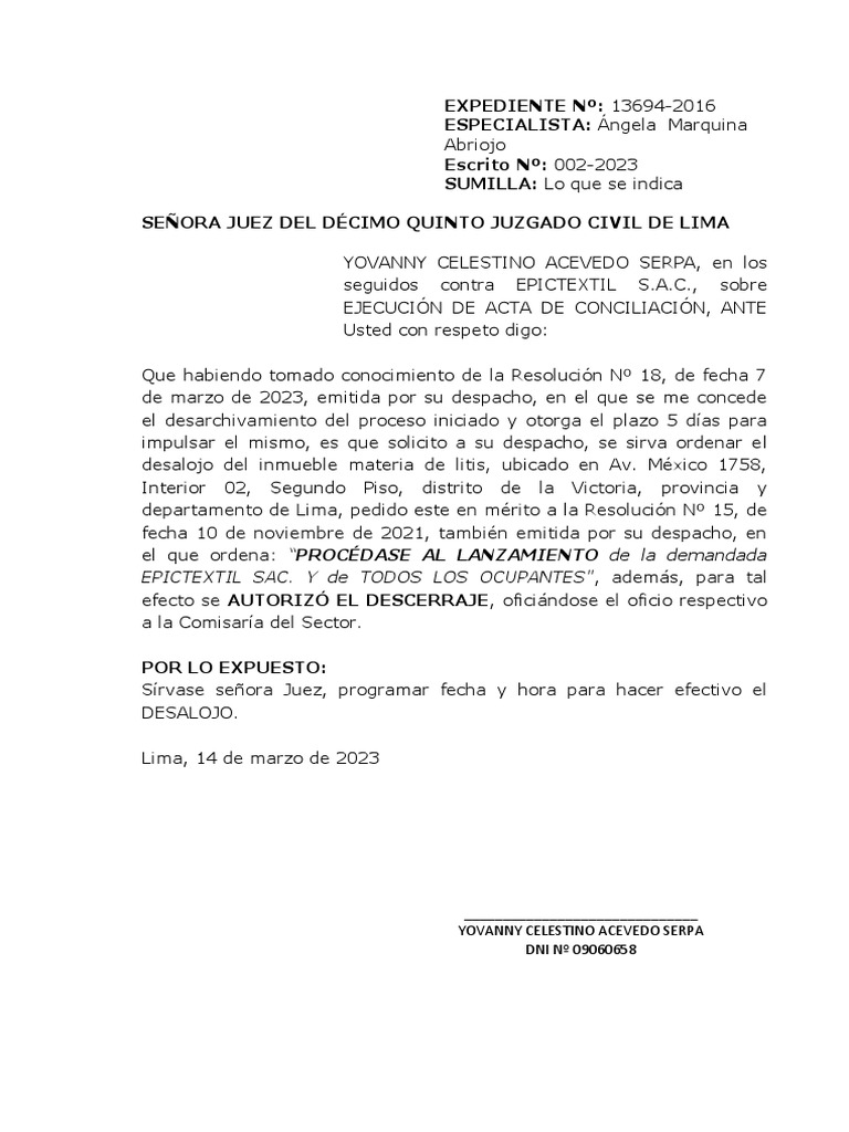 Escrito 002-2023 - Solicito programar desalojo | PDF