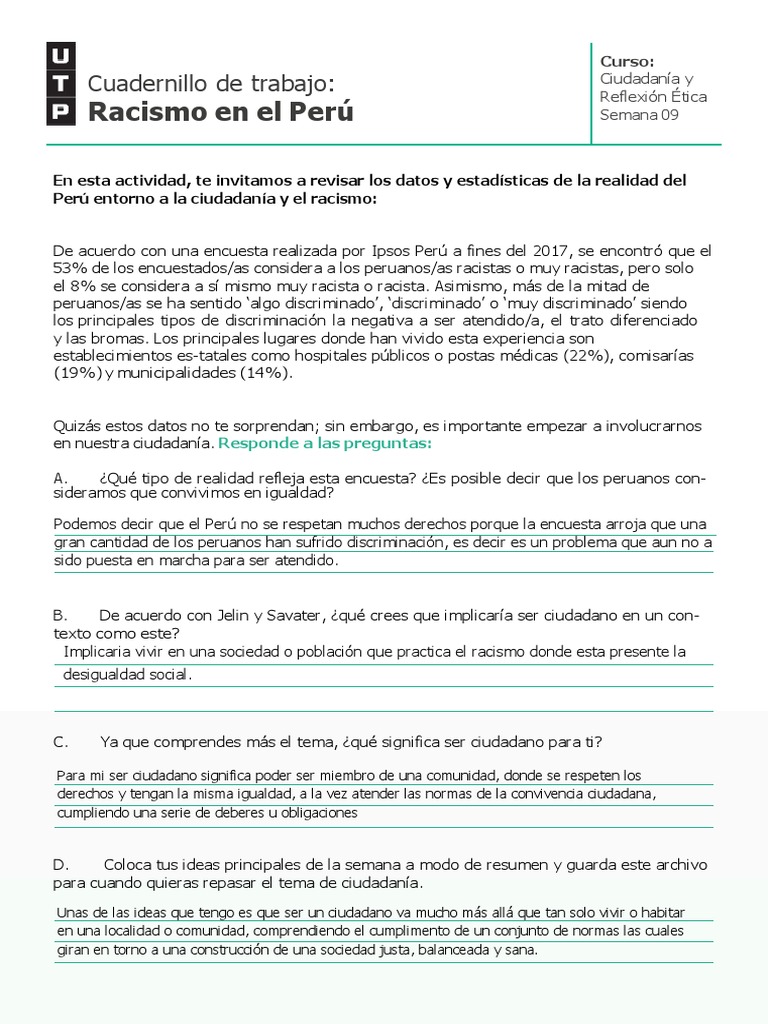 Semana 09 - PDF - Cuadernillo de Trabajo - Racismo en El Perú | PDF | Racismo | Discriminación y ...