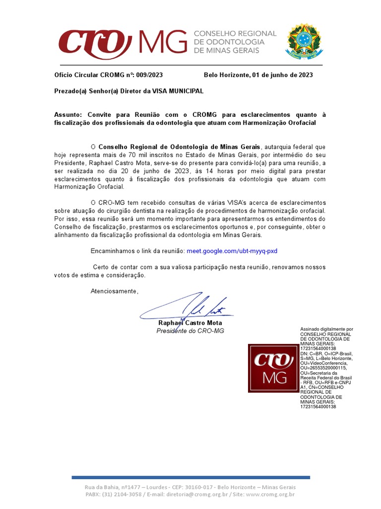 Ofício Circular CROMG Nº 009-2023 - Convite para Reunião Com As VISAs MUNICIPAIS-assinado | PDF