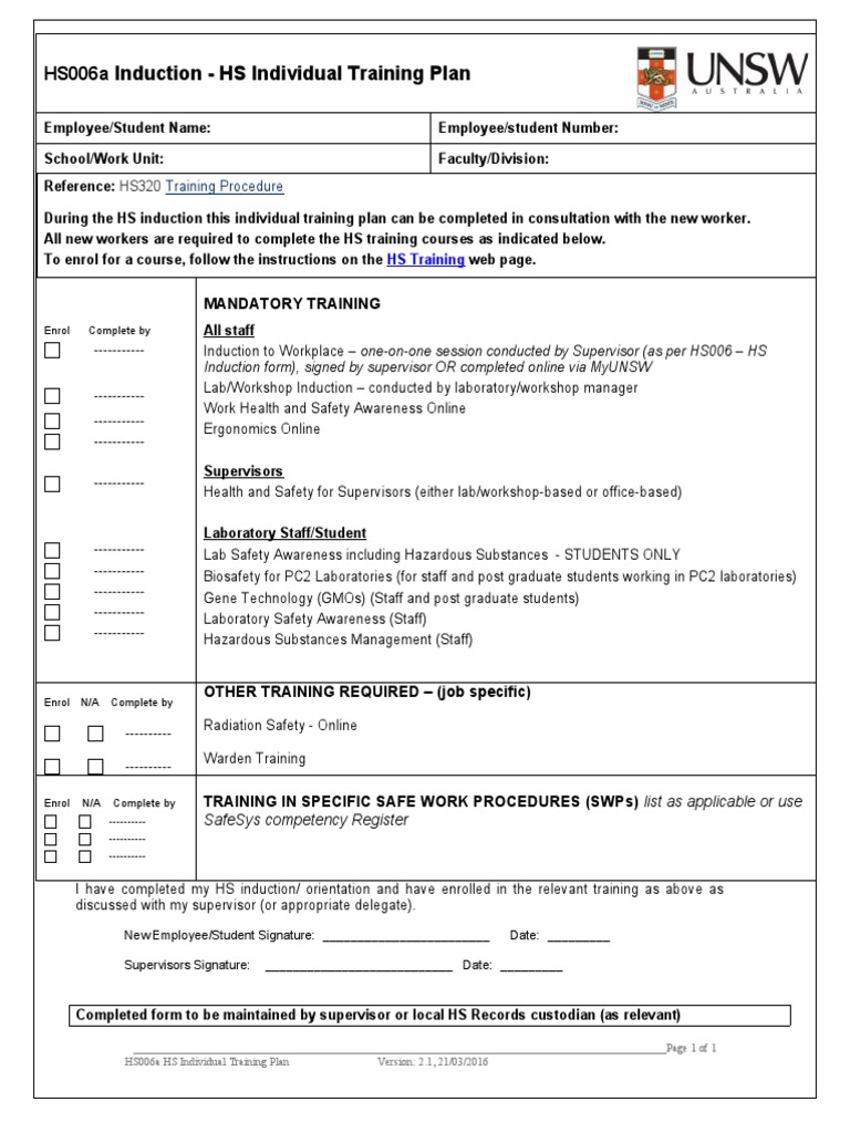 HS006a FRM HS Individual Training Plan | PDF | Laboratories ...