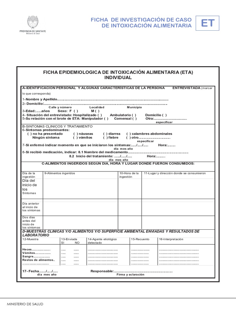 Ficha Epidemiológica de Investigación de Caso de Intoxicación Alimentaria ETA | PDF ...