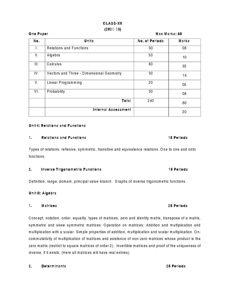 CBSE Class 12 Mathematics Syllabus 2022-23 | PDF | Euclidean Vector ...