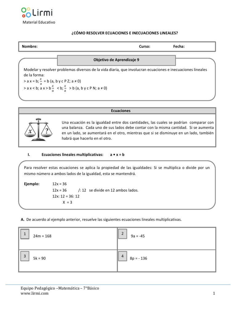 Matemáticas 7ºA Cómo Resolver Ecuaciones e Inecuaciones Lineales | PDF | Ecuaciones ...