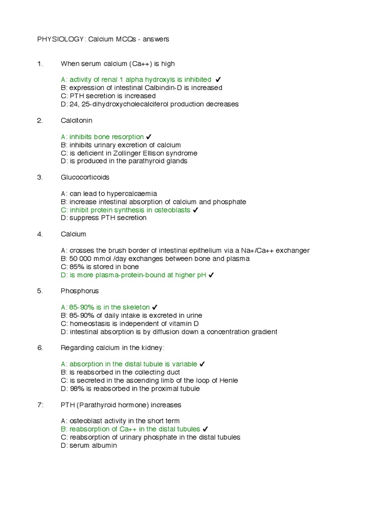 Calcium Physiology MCQs with Answers | PDF