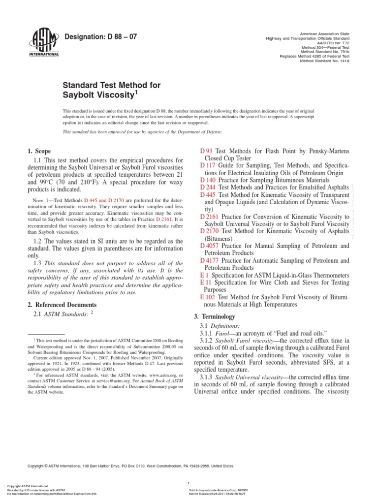 D88 - 07 Standard Test Method For Saybolt Viscosity | PDF | Viscosity ...