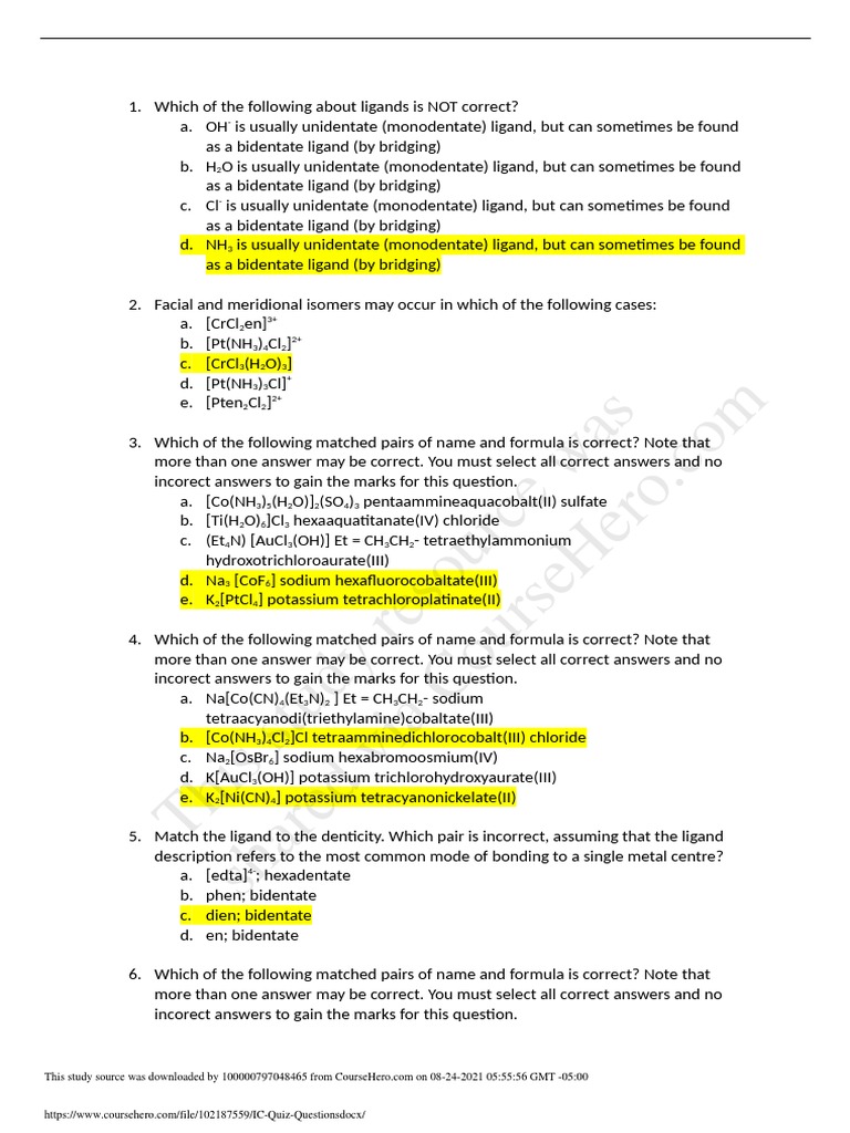 IC Quiz Questions | PDF | Ligand | Molecules