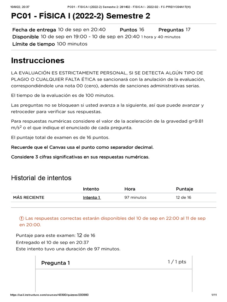 PC01 - FÍSICA I (2022-2) Semestre 2 - 281402 - FÍSICA I - 2022-02 - FC-PREIYC04A1T (H) | PDF ...