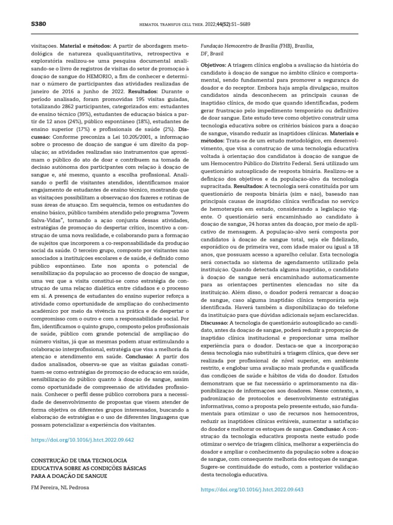 Hematol Transfus Cell Ther. 2022 44 (S2) :S1 S689 | PDF