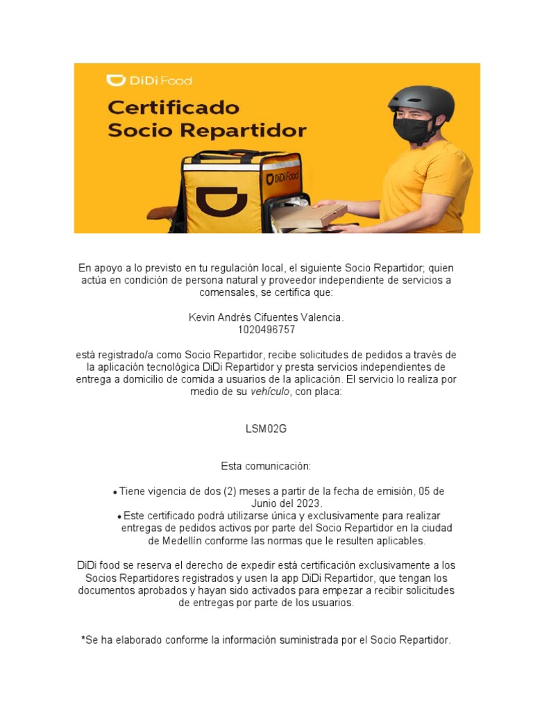 Certificación Socio Repartidor DiDi Food | PDF | Finanzas y dinero