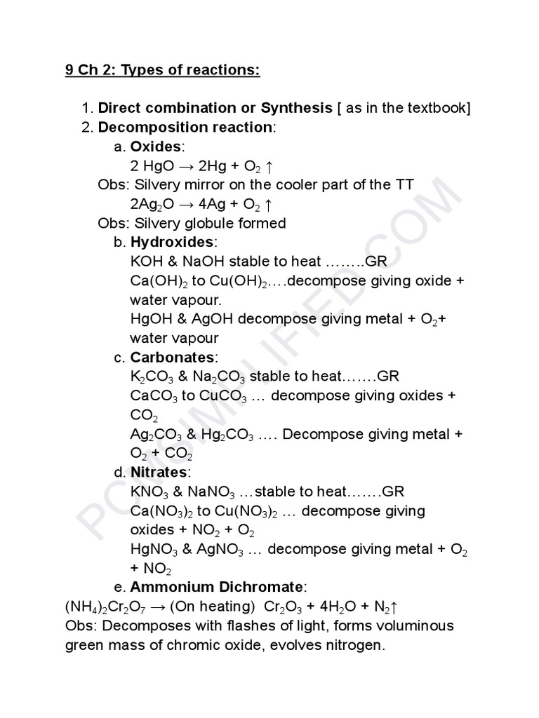 9 CH 2 - Types of Reactions | PDF | Hydroxide | Magnesium