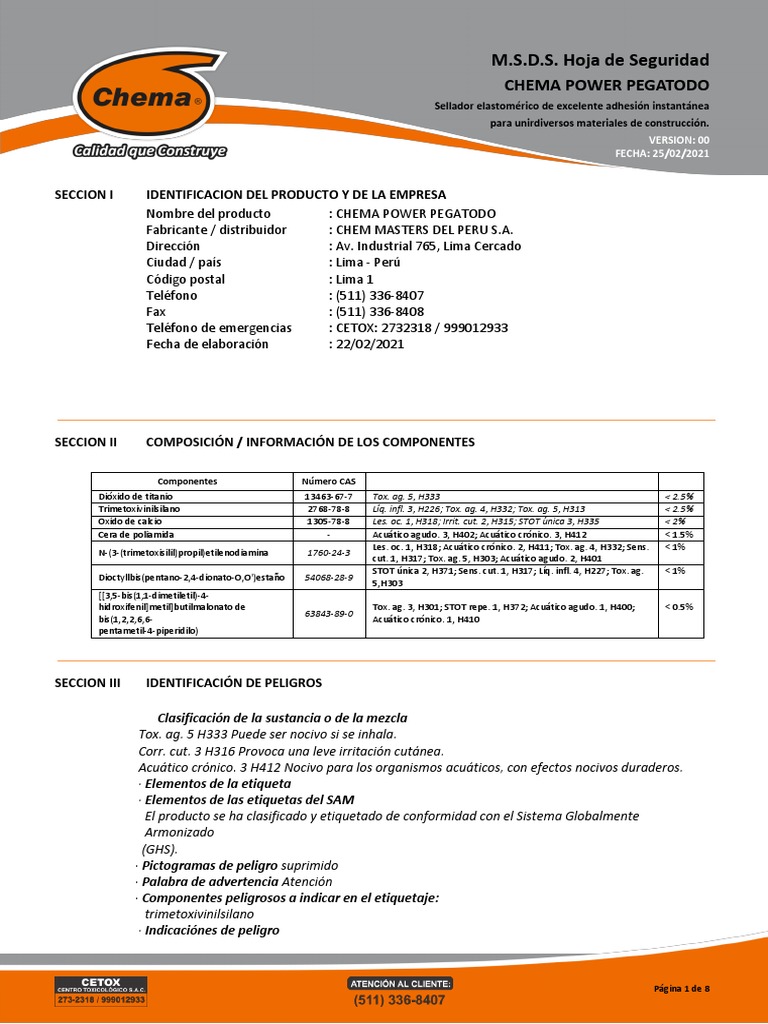 Hoja de Seguridad CHEMA POWER PEGATODO | PDF | Agua | Gestión de residuos