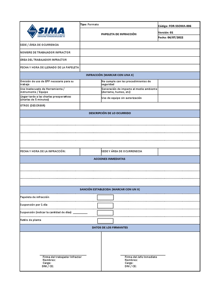 FOR-SSOMA-006 Papeleta de Infracción | PDF