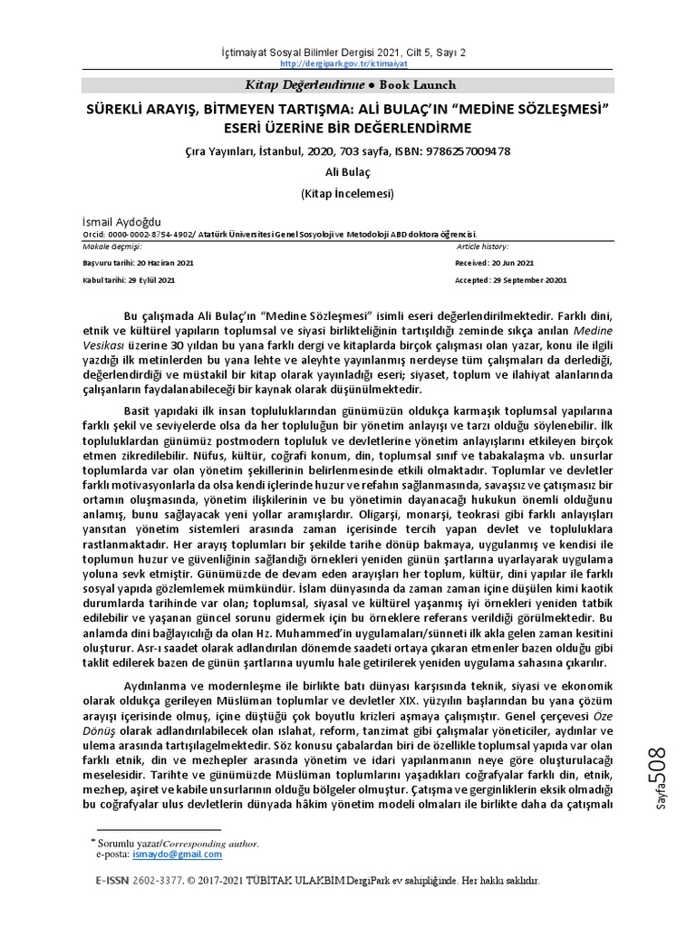 ALİ BULAÇ’IN “MEDİNE SÖZLEŞMESİ | PDF