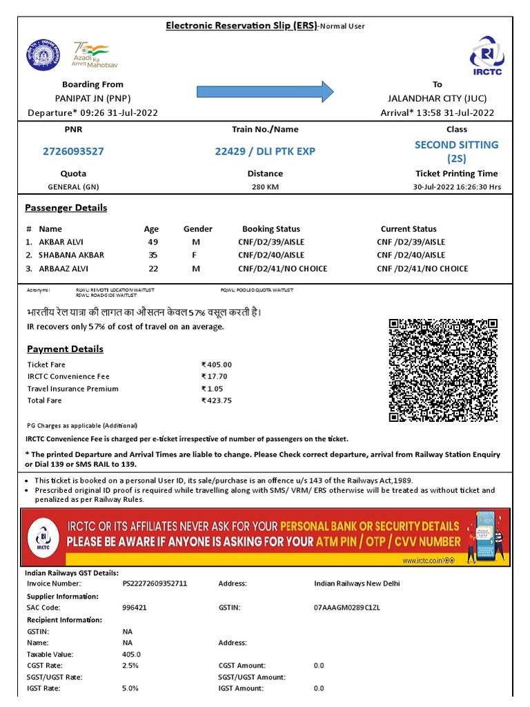 AC Train Ticket Pricing Details | PDF