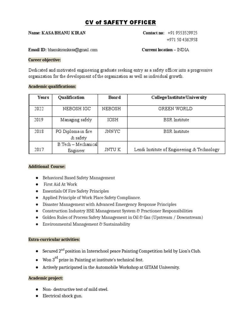 KIRAN Safety Officer CV | PDF | Safety