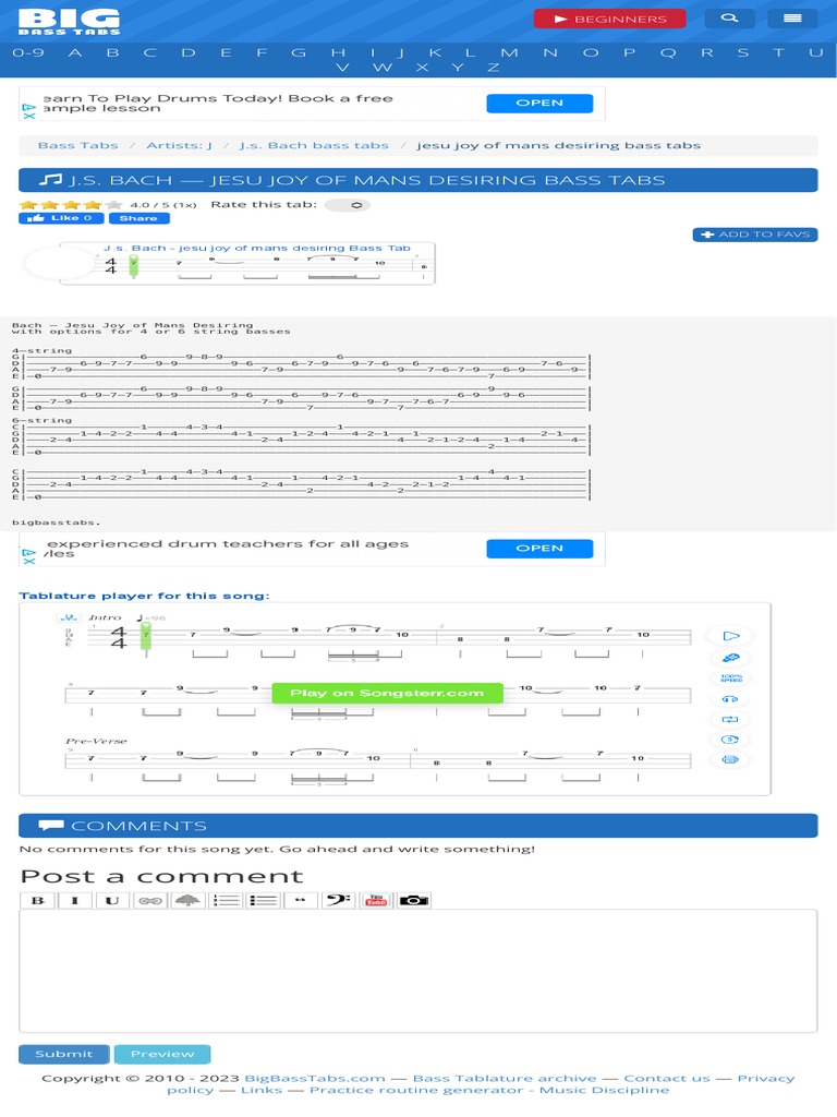 Jesu Joy of Mans Desiring Bass Tabs - J.S. Bach @ | PDF