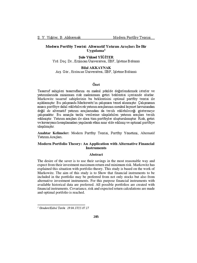 Modern Portf - y Teorisi - Alternatif Yat - R - M Ara - Lar - Le Bir Uygulama (#307052) - 357207 ...