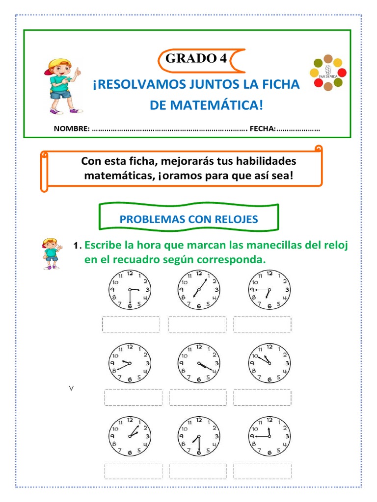 Ficha Mate 4° Grado POBLEMAS CON RELOJES | PDF