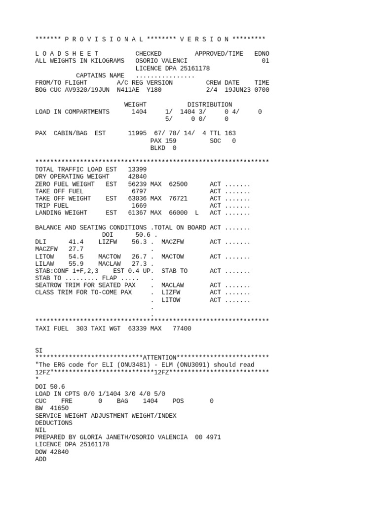 AV9320 19JUN BOGCUC - Provisional Loadsheet Edno 1 | PDF