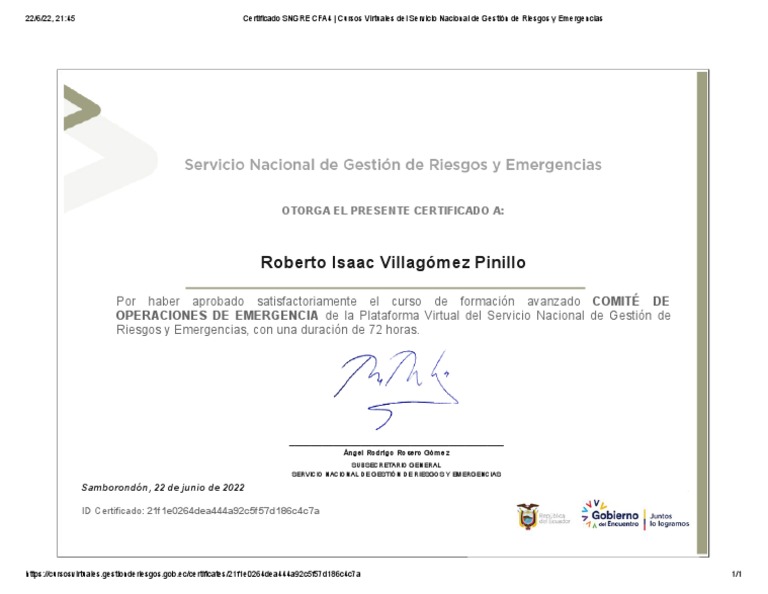 Certificado SNGRE CFA4 _ Cursos Virtuales Del Servicio Nacional de ...