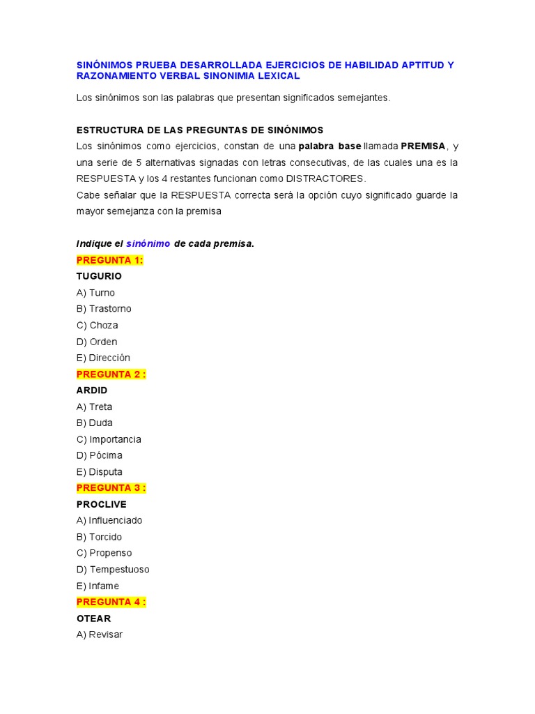SINÓNIMOS PRUEBA EJERCICIOS DE HABILIDAD APTITUD Y RAZONAMIENTO VERBAL ...