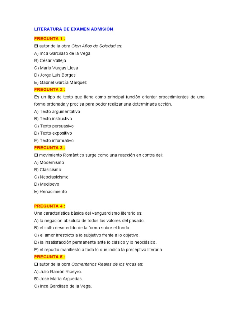 Literatura de Examen Admisión | PDF | Romanticismo | Realismo literario