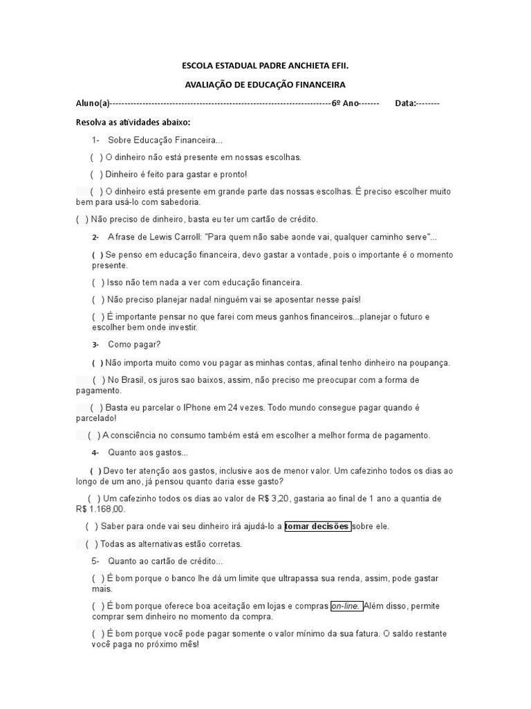 Avaliação de Educação Financeira 6º Ano 2023. | PDF