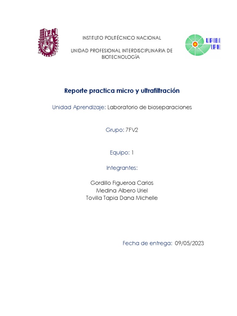 Reporte Practica Micro y Ultrafiltración: Unidad Aprendizaje | PDF | Membrana | Ósmosis