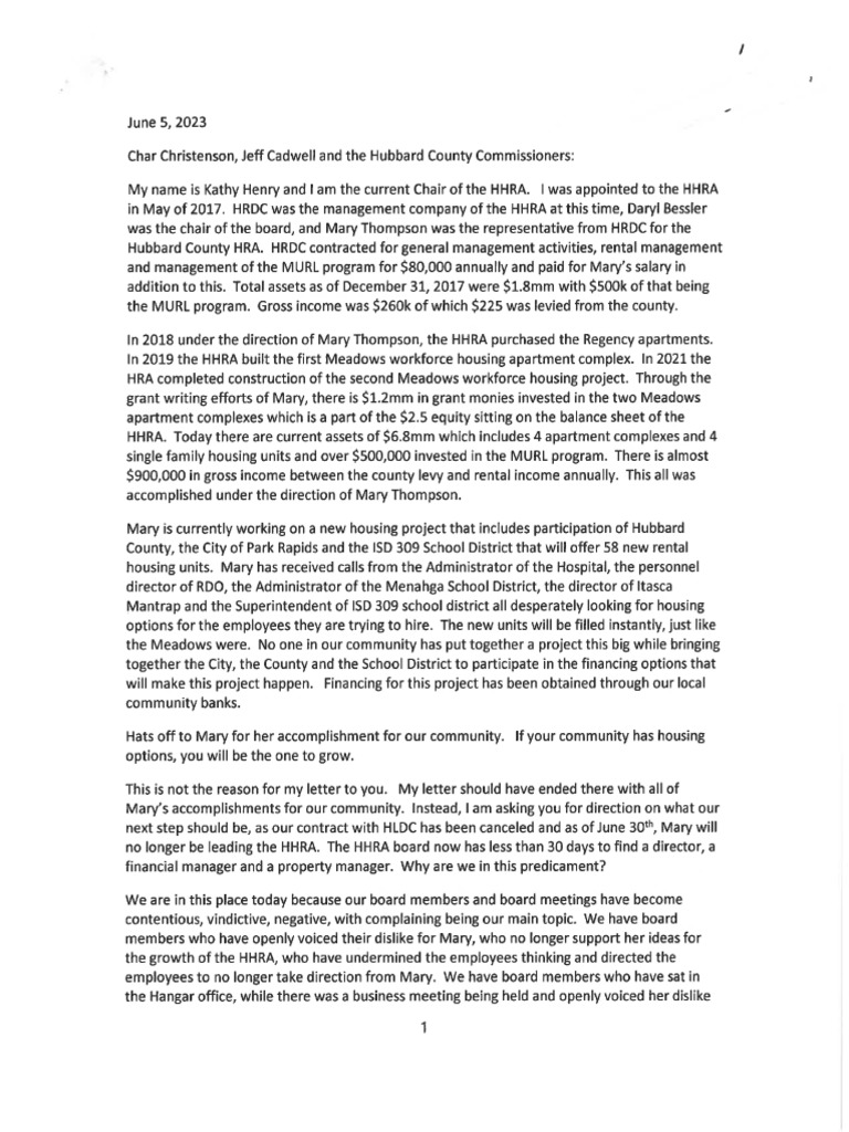 Hubbard County Housing & Redevelopment Authority Board Chair Kathy ...