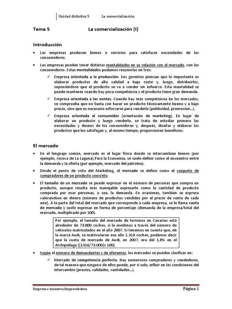Tema 5 Comercialización I - EIE | PDF | Mercado (economía) | Marketing