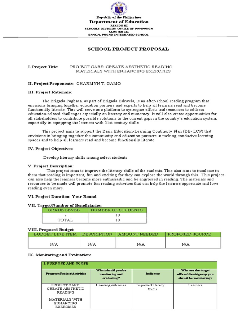 Project Care School Project Proposal 1 | PDF | Literacy | Data