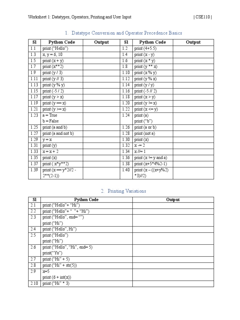 Datatypes Operators Printing And User Input Pdf