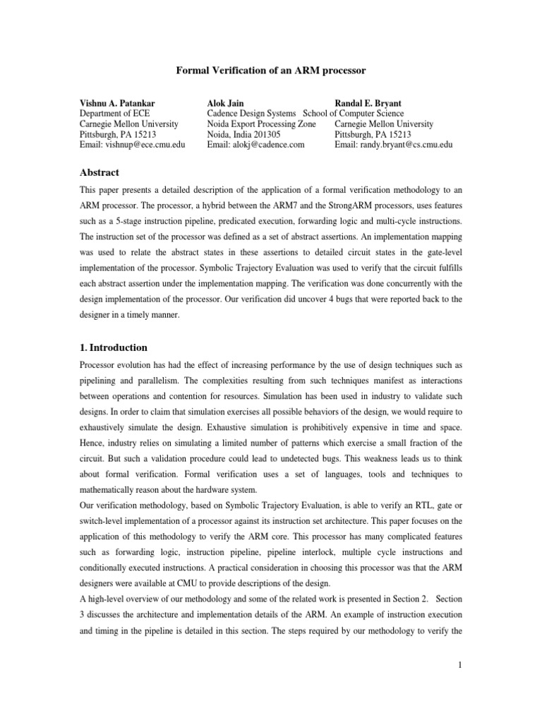 Formal Verification of An ARM Processor: Vishnu A. Patankar Alok Jain ...
