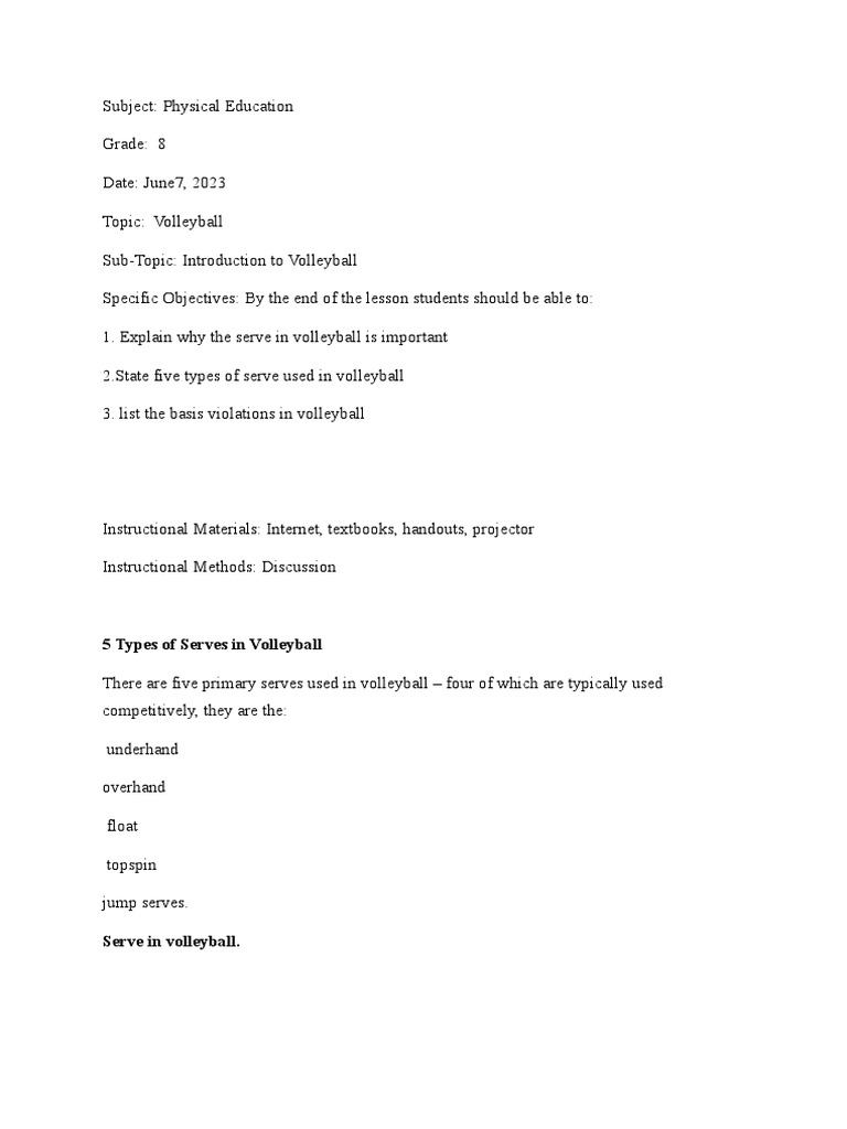 Volleyball Lesson Plan | PDF | Volleyball