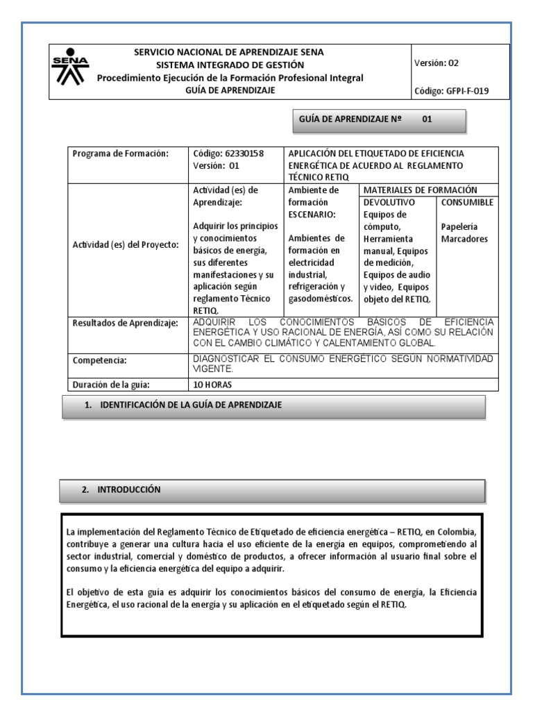 Guia de Aprendizaje 1 RETIQ | PDF | Electricidad | Uso eficiente de energía