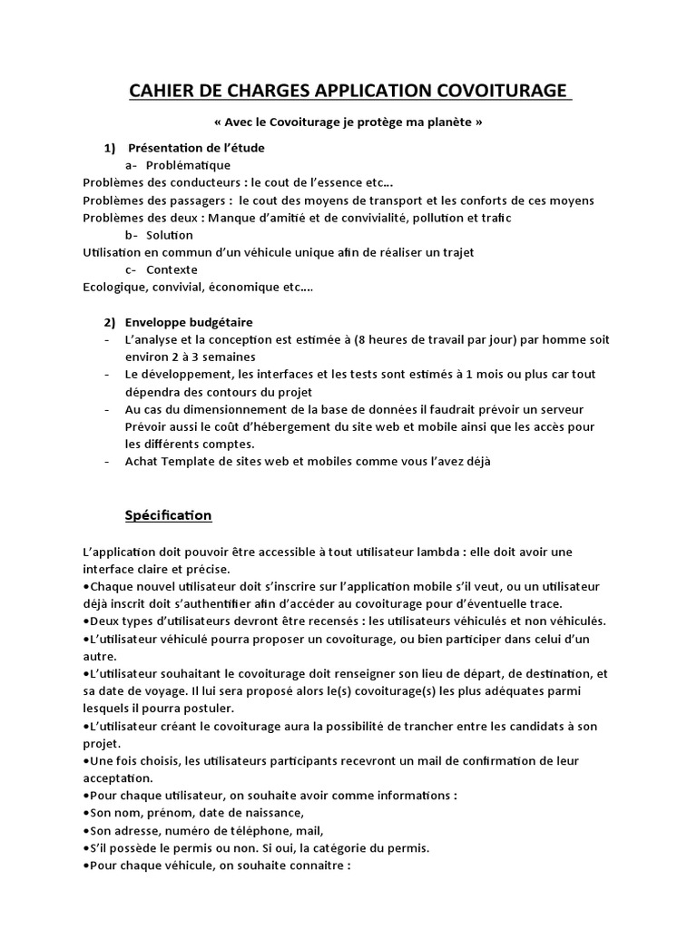 Cahier de Charges Application Covoiturage | PDF