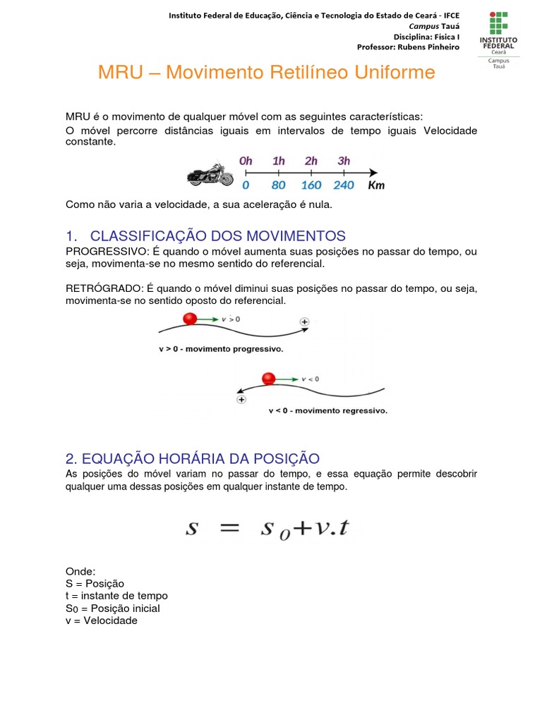 3 - Movimento Uniforme - Conteúdo e Exercícios | PDF | Velocidade ...