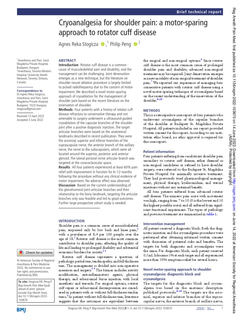 Cryoanalgesia For Shoulder Pain. A Motor-Sparing Approach To Rotator ...