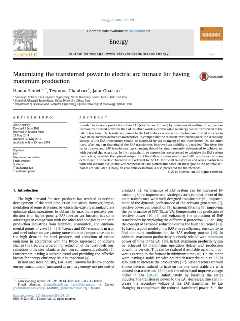 Maximizing The Transferred Power To Electric Arc Furnace For Having Maximum Production | PDF ...