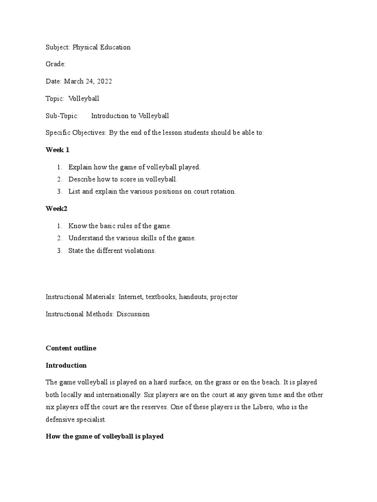 Volleyball Lesson Plan for Beginners | PDF | Career & Growth | Games ...