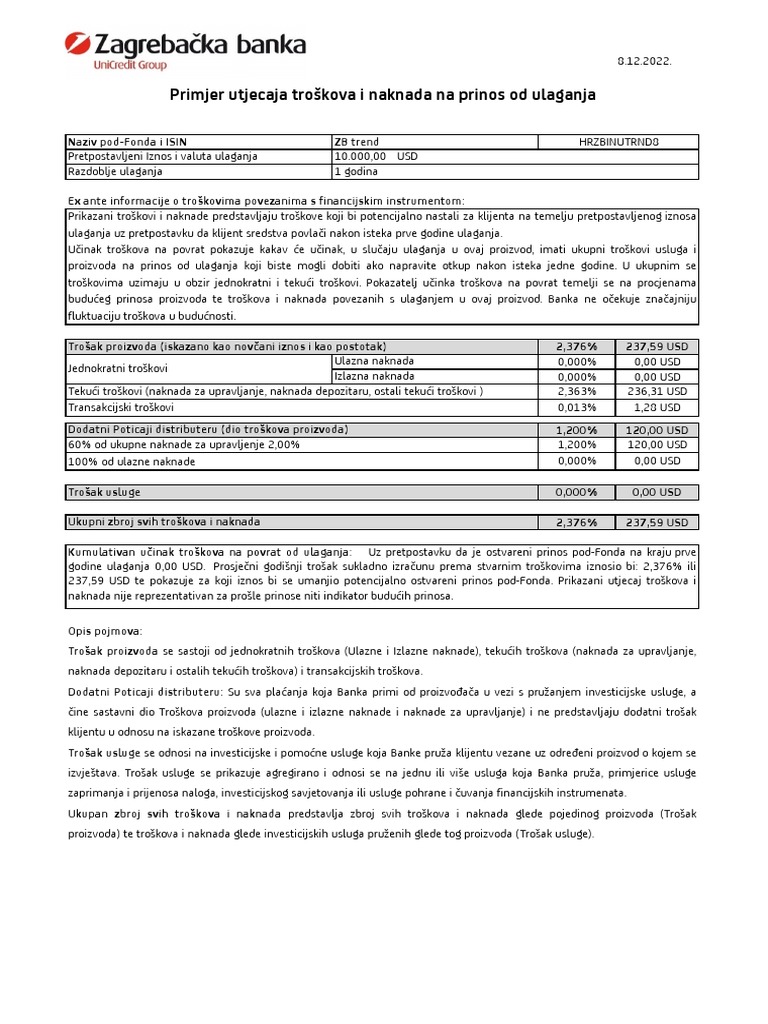 Primjer Utjecaja Troskova I Naknada Na Prinos Od Ulaganja ZB Trend 2023 | PDF