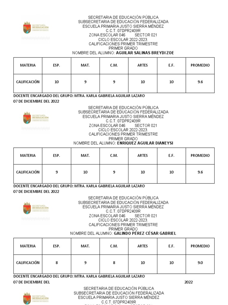 Calificaciones Imprimir | PDF | Educación primaria | Etapas educativas