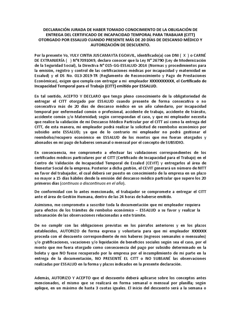 Declaración Jurada de Haber Tomado Conocimiento de La Obligación de Entrega Del Certificado de ...