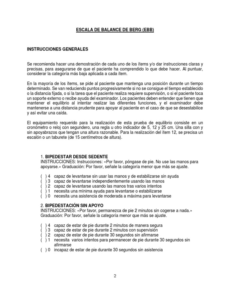 Escala de Balance de Berg (Adulto) | PDF