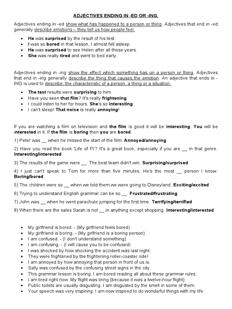 Adjectives Ending in -ED or -ING Guide | PDF | Language Arts & Discipline