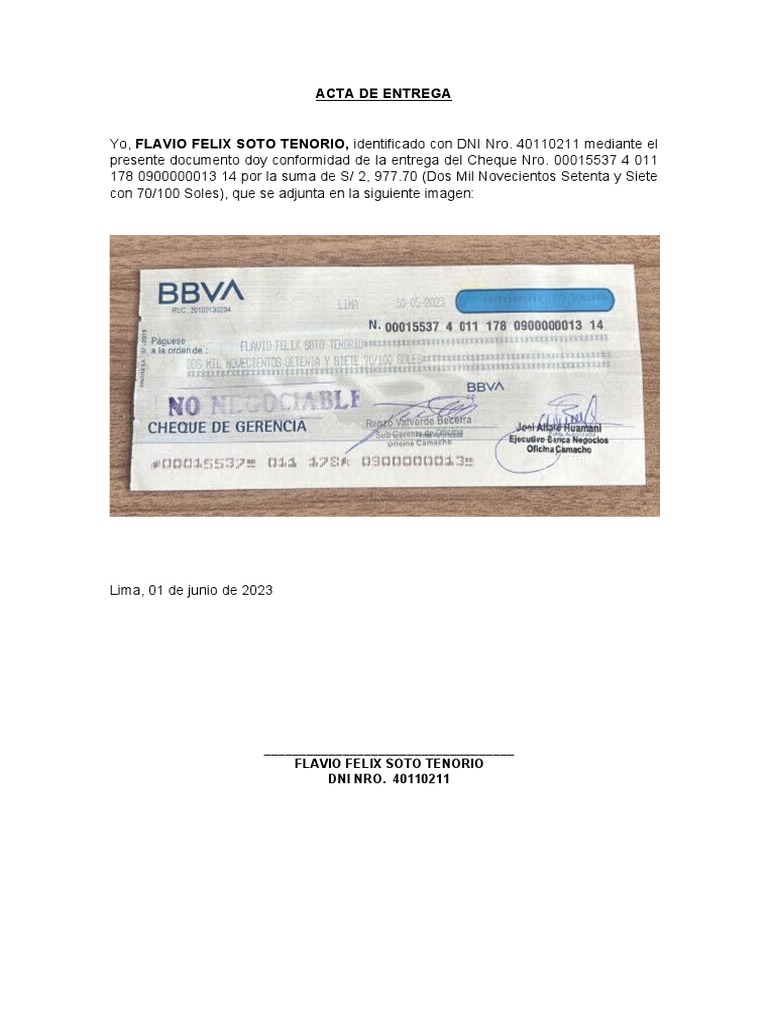 Acta Entrega Cheque | PDF