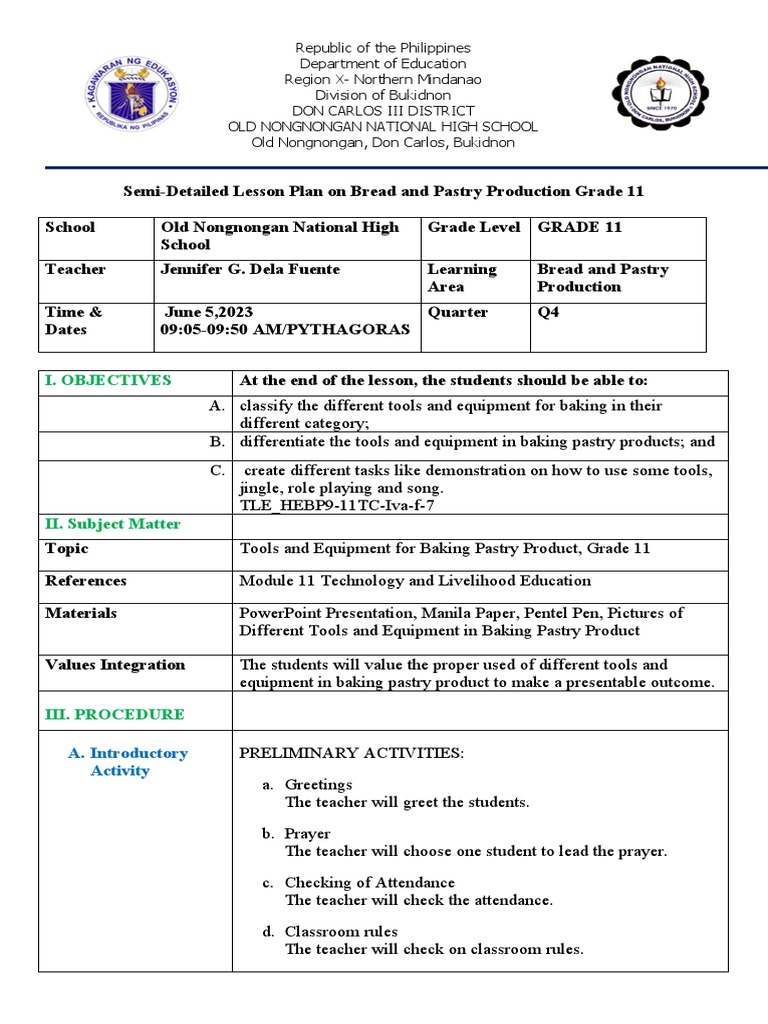 Grade 11 Pastry Production Lesson Plan | PDF