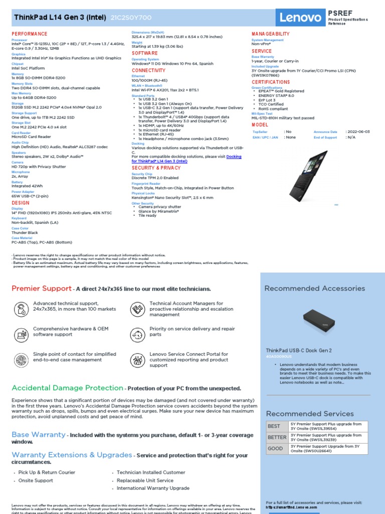 ThinkPad L14 Gen 3 Intel 21C2S0Y700 | PDF