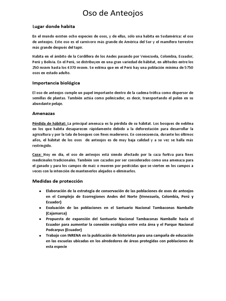 Oso de Anteojos: Hábitat y Conservación | PDF | Osos | Conservación del ...