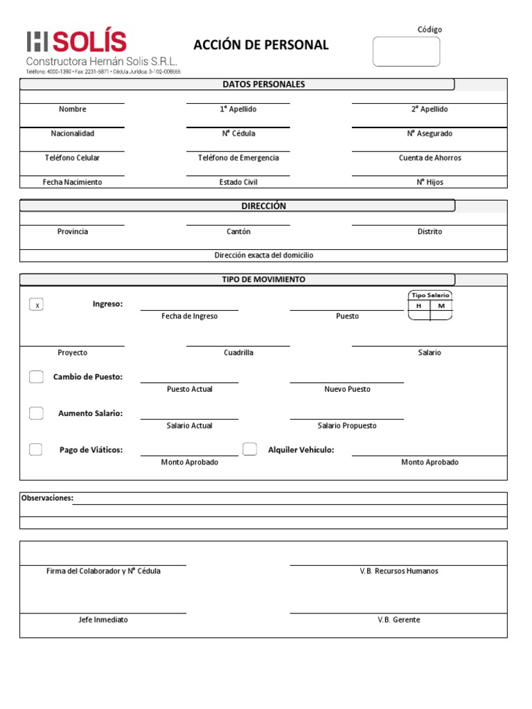 Acción de Personal - Constructora Hernán Solís | PDF